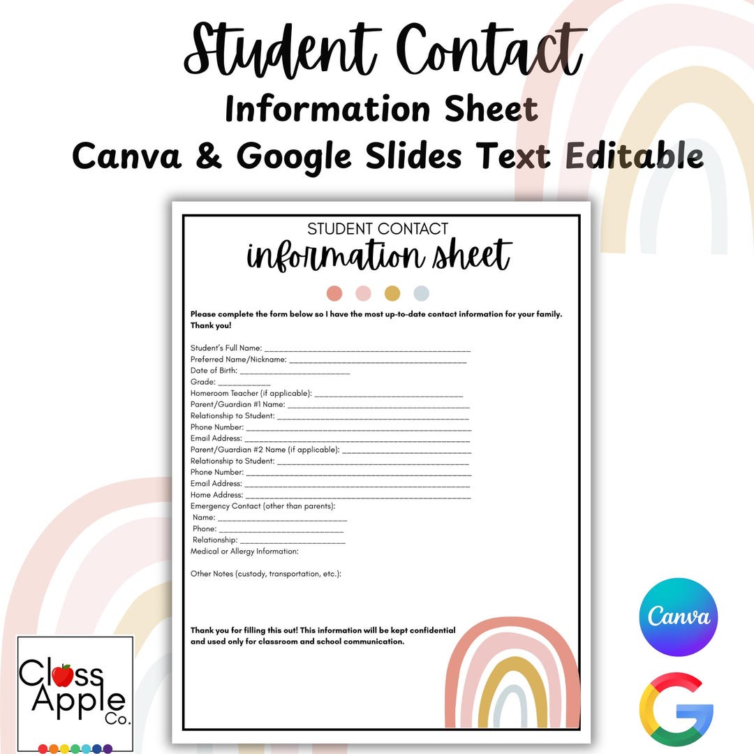 Boho Student Contact Information Sheet | Editable Canva & Google Slides ...