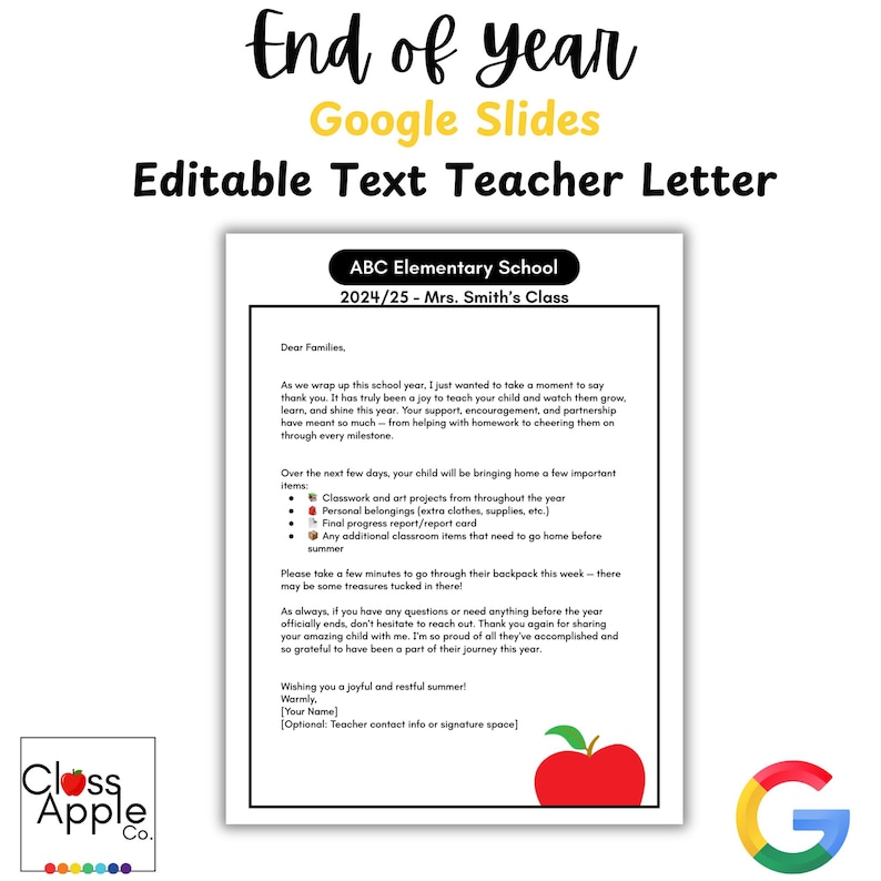 Editable Text End of Year Parent Letter Template | Letter to Families ...