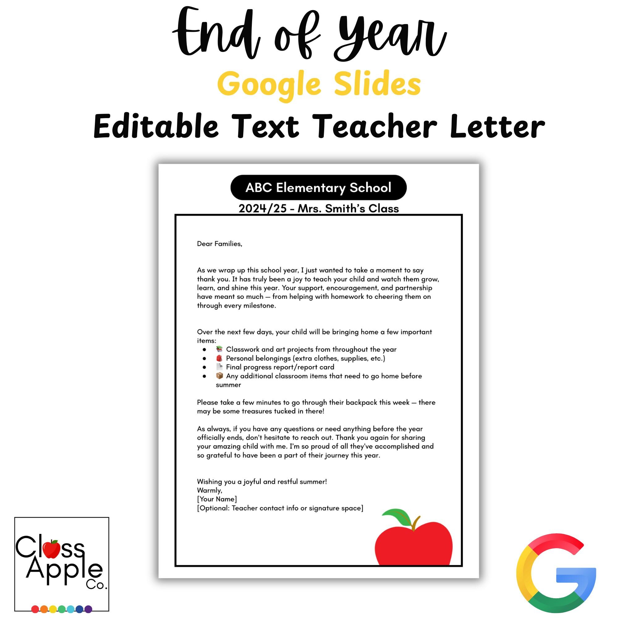 Editable Text End of Year Parent Letter Template | Letter to Families ...