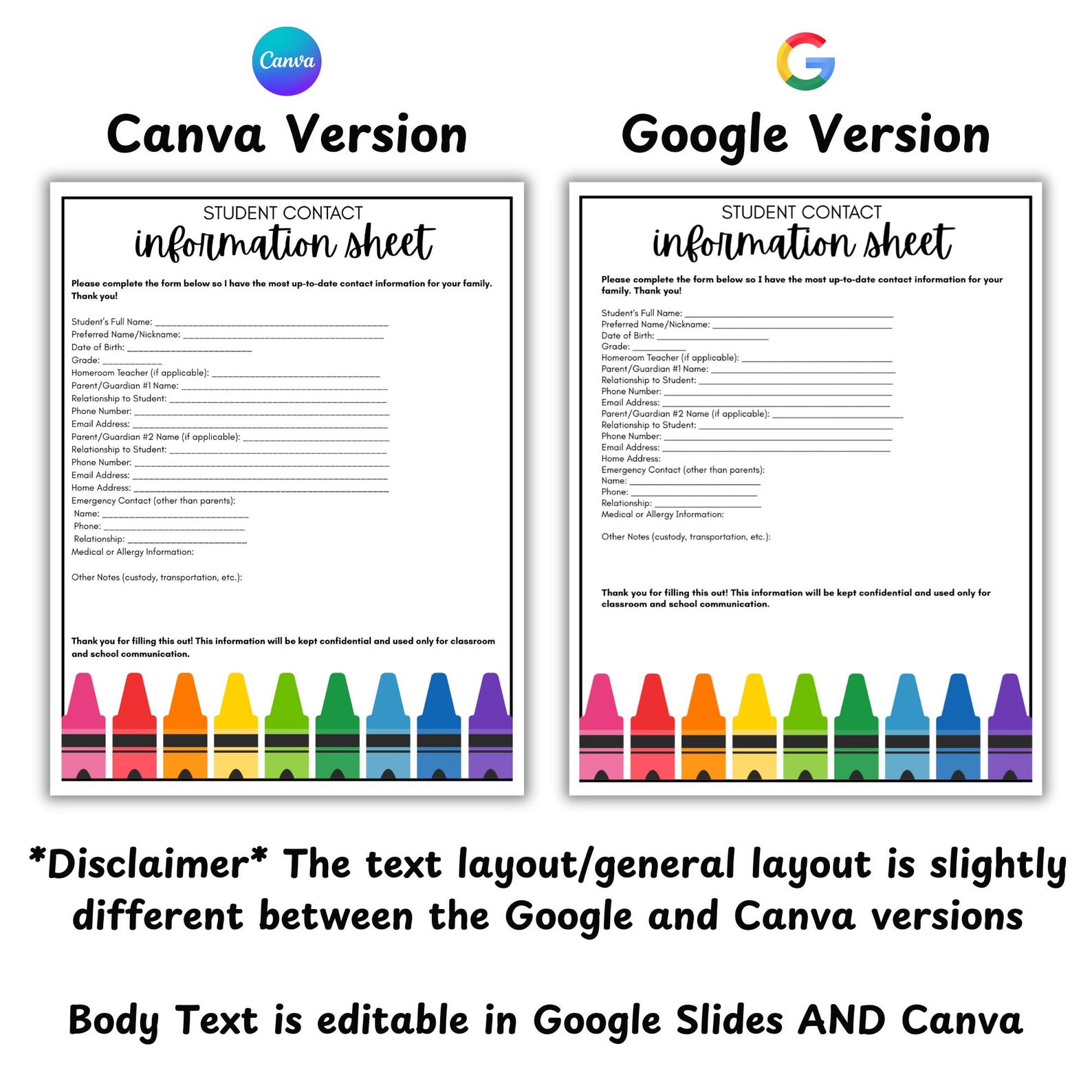 Editable Student Contact Information Sheet | Back to School Form ...
