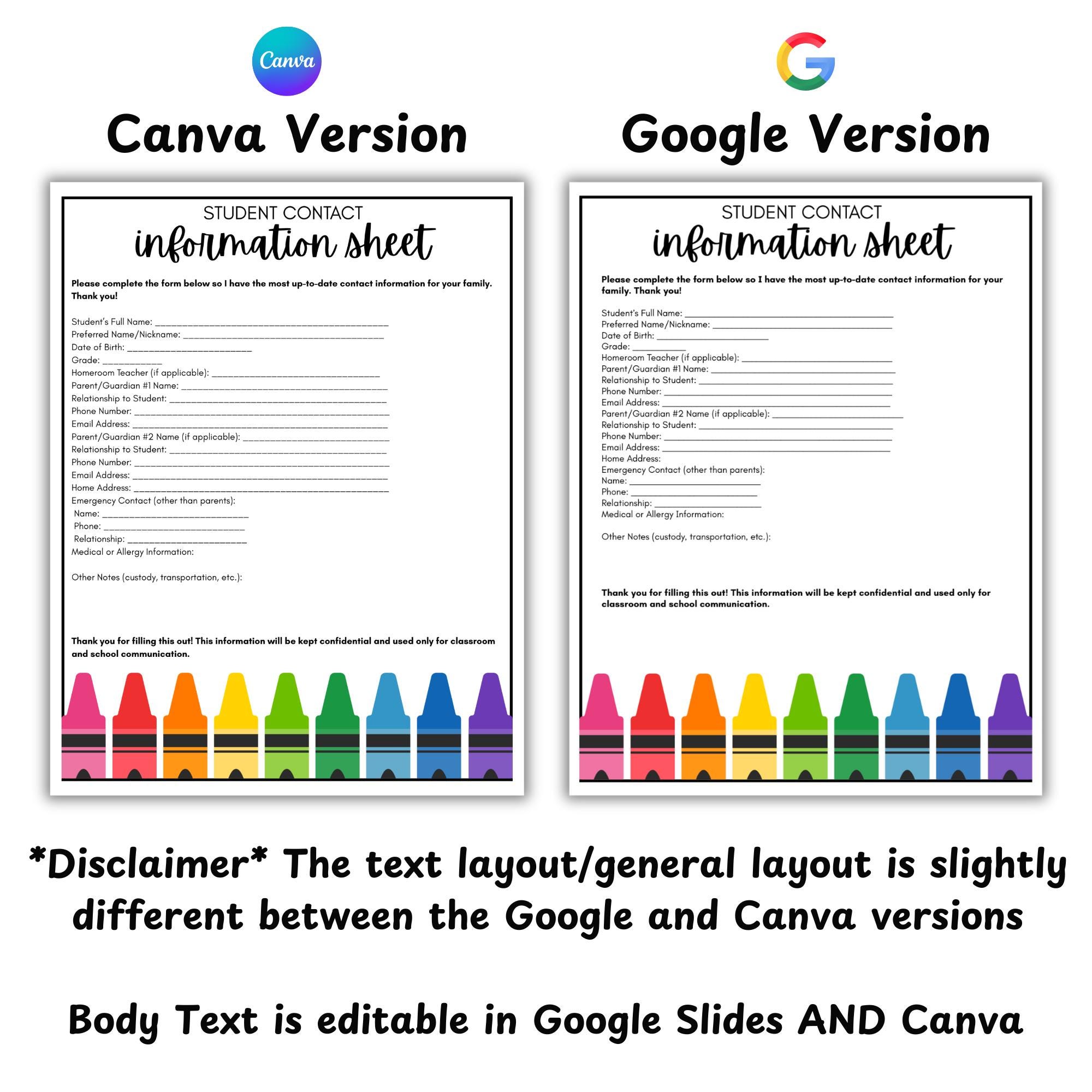 Editable Student Contact Information Sheet | Back to School Form ...