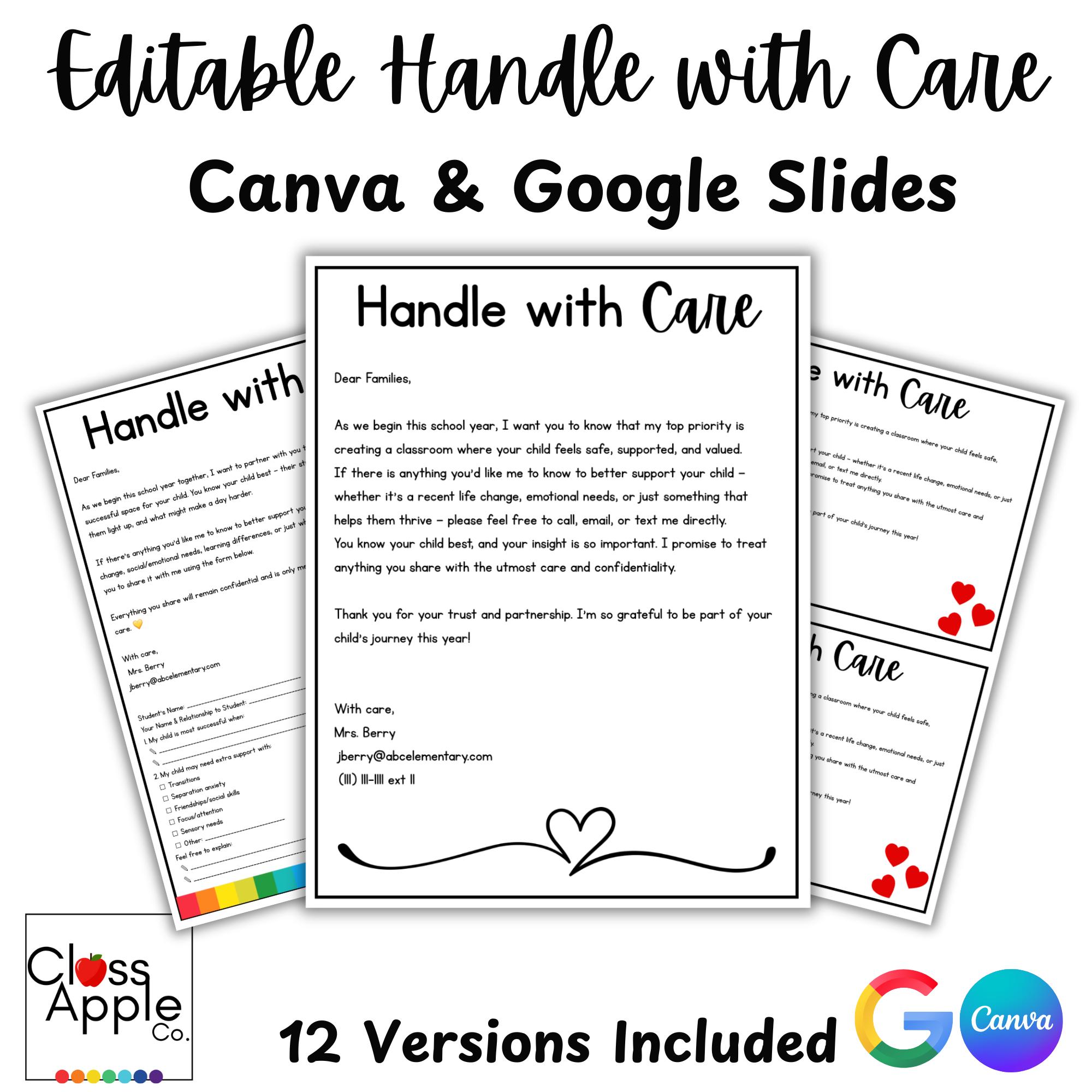 Handle With Care Parent Letter Template | Editable Back to School Form ...