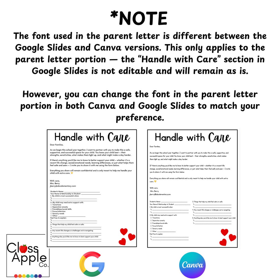 Handle With Care Parent Letter Template | Editable Back to School Form ...