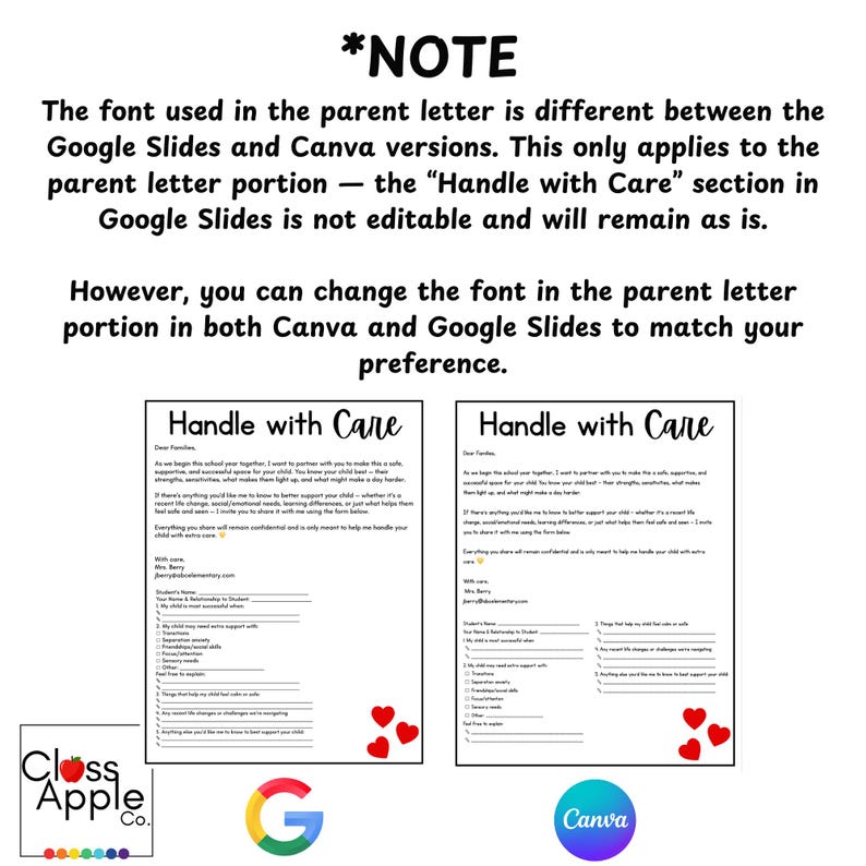 Handle With Care Parent Letter Template | Editable Back to School Form ...