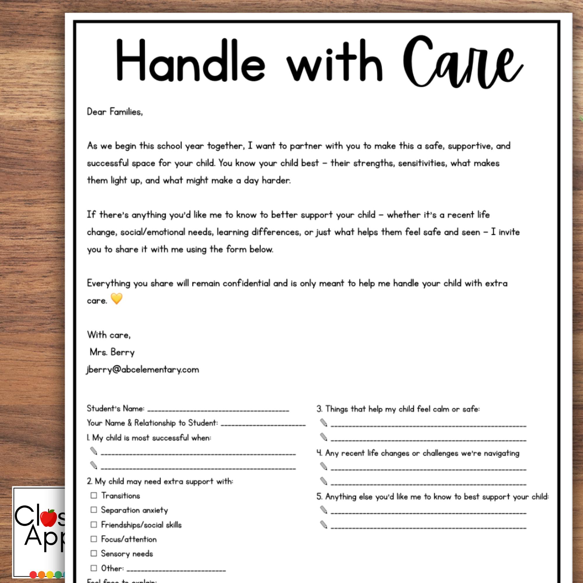 Handle With Care Parent Letter Template | Editable Back to School Form ...