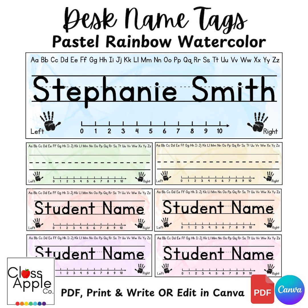 Editable Student Desk Name Tags | Rainbow Pastel Watercolor | Alphabet ...