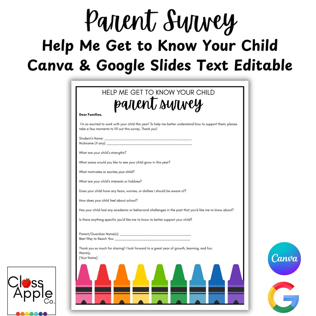 Editable Parent Survey | Get to Know Your Child Questionnaire | Canva ...