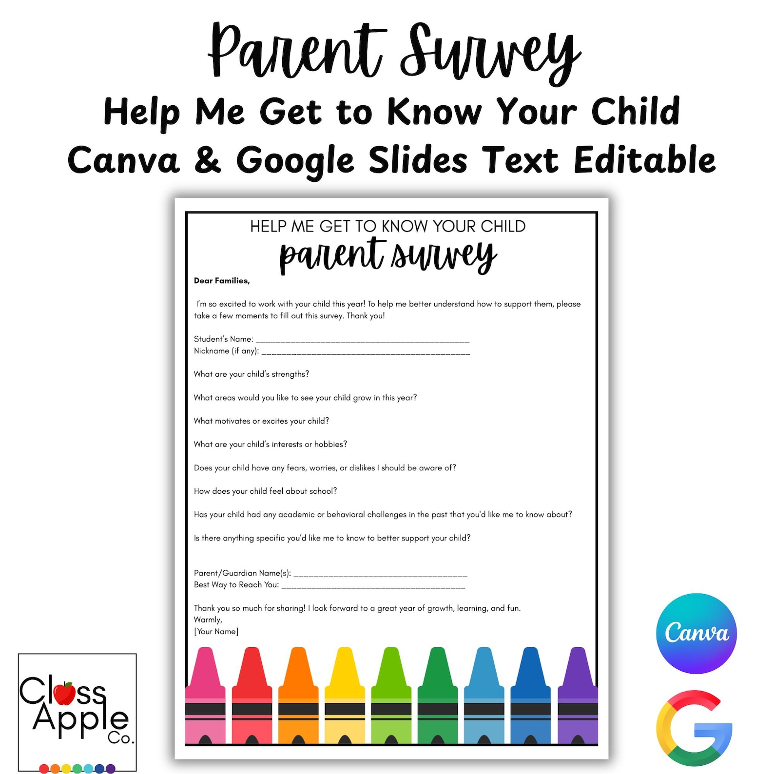 Editable Parent Survey | Get to Know Your Child Questionnaire | Canva ...