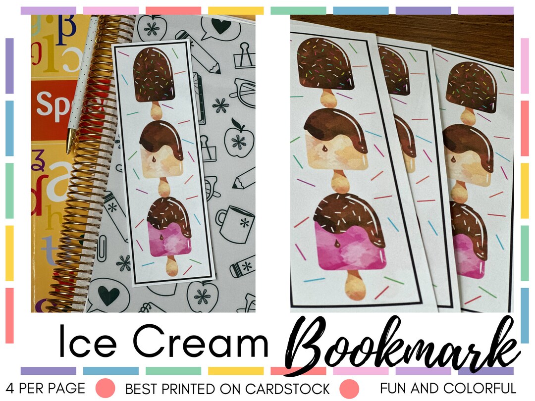 Digital Download Ice Cream Bookmark - 4 per Page - Bright and Colorful ...