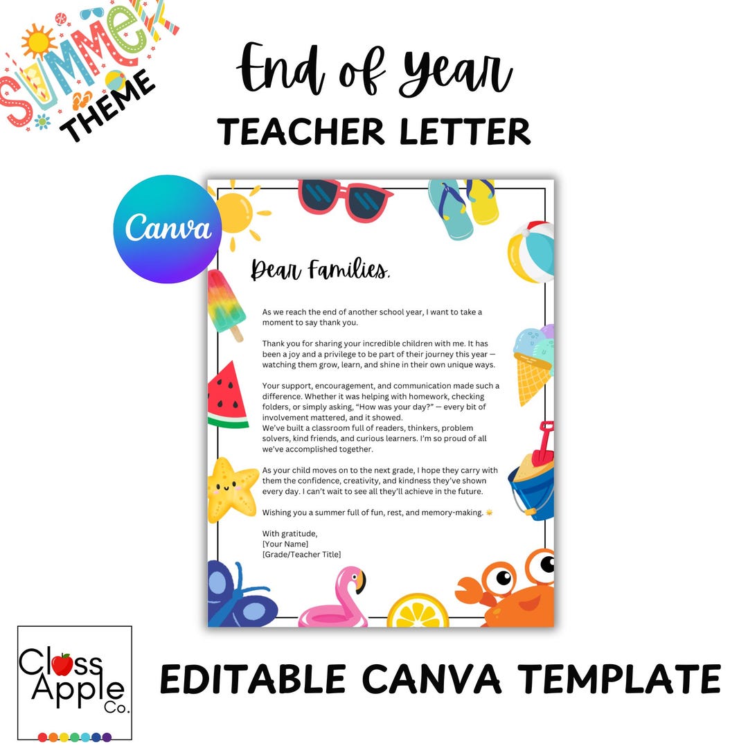 Editable End-of-year Summer Letter to Families | Canva Template | Text ...
