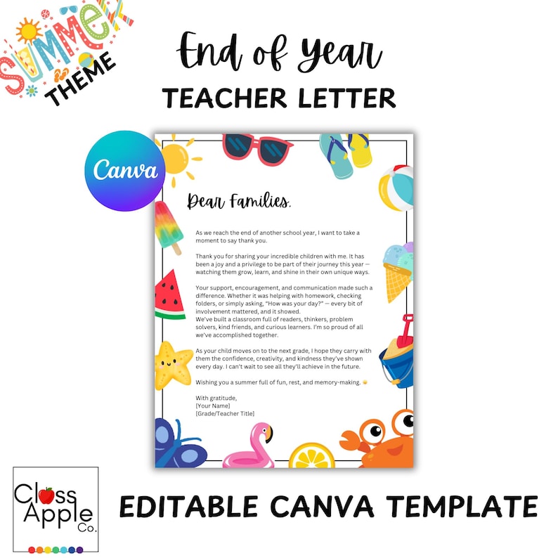 Editable End-of-year Summer Letter to Families | Canva Template | Text ...