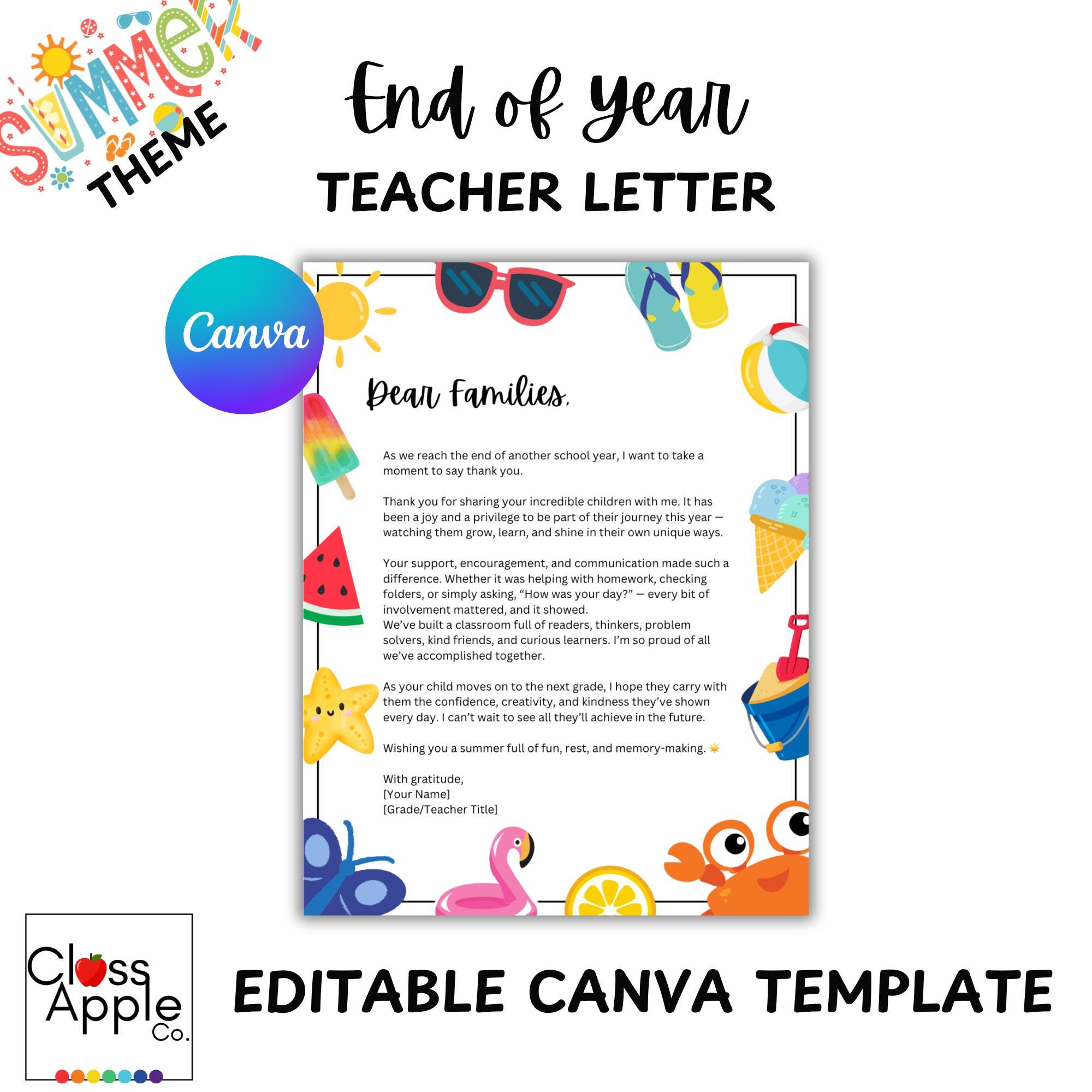 Editable End-of-year Summer Letter to Families | Canva Template | Text ...