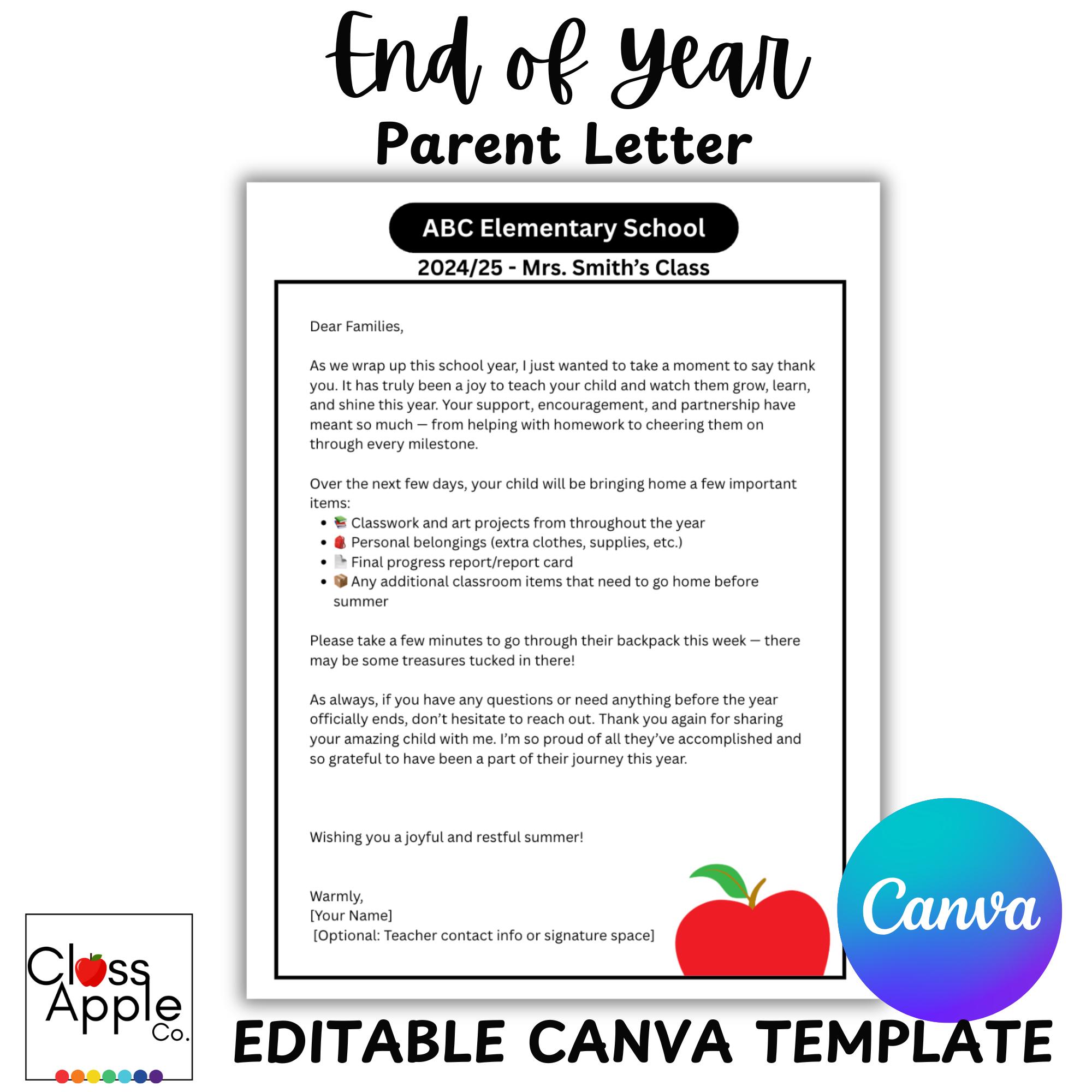 Editable End of Year Parent Letter Template | Teacher Thank You & What ...