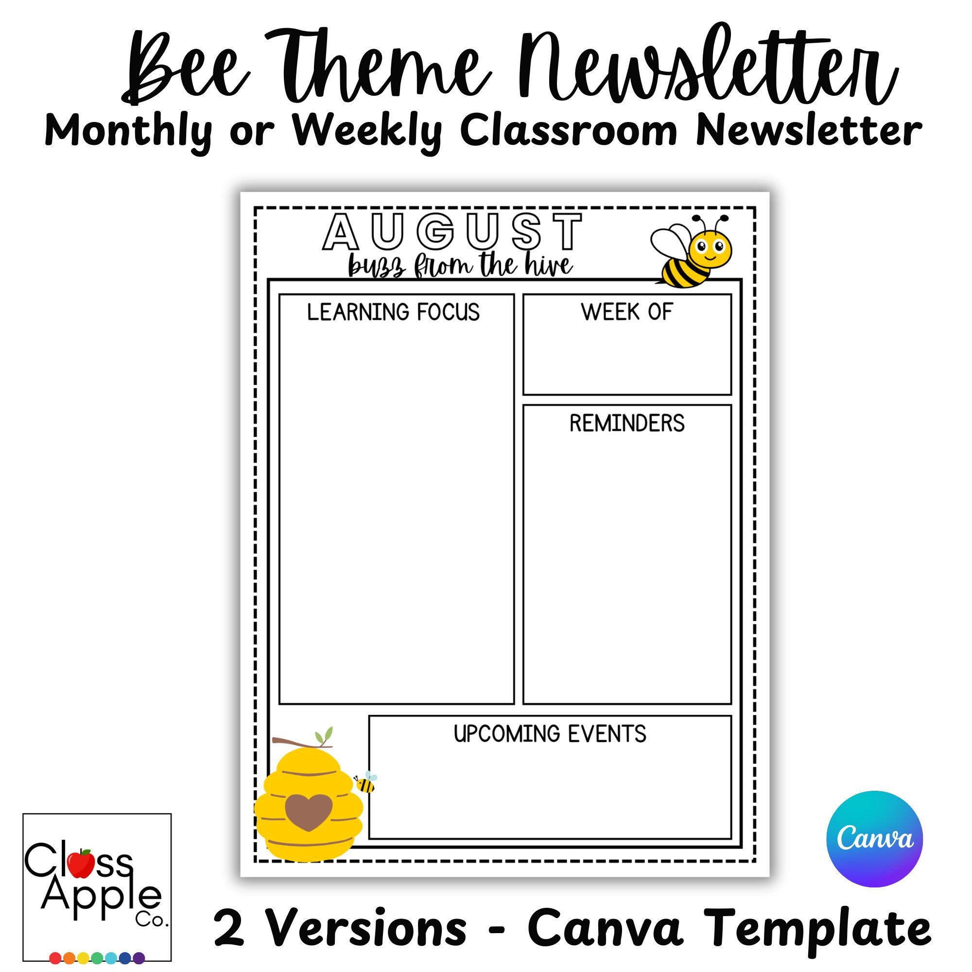 Bee Themed Classroom Newsletter Template | Editable Weekly or Monthly ...