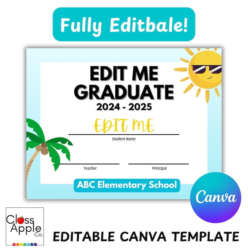 End of Year Certificate | Editable Canva Template | Any Grade Graduate ...