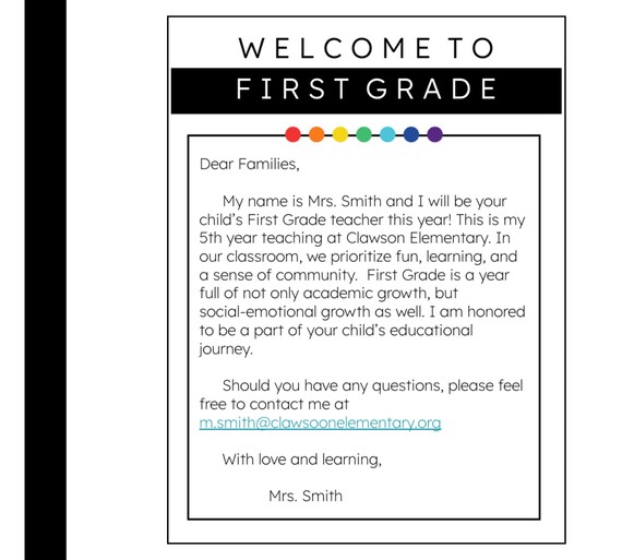 Welcome To 1st Grade Letter