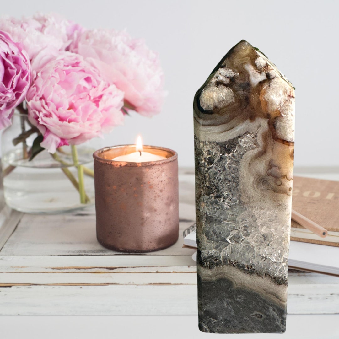 Gorgeous HQ Black Flower Agate Tower, Black Agate, Crystal Tower ...