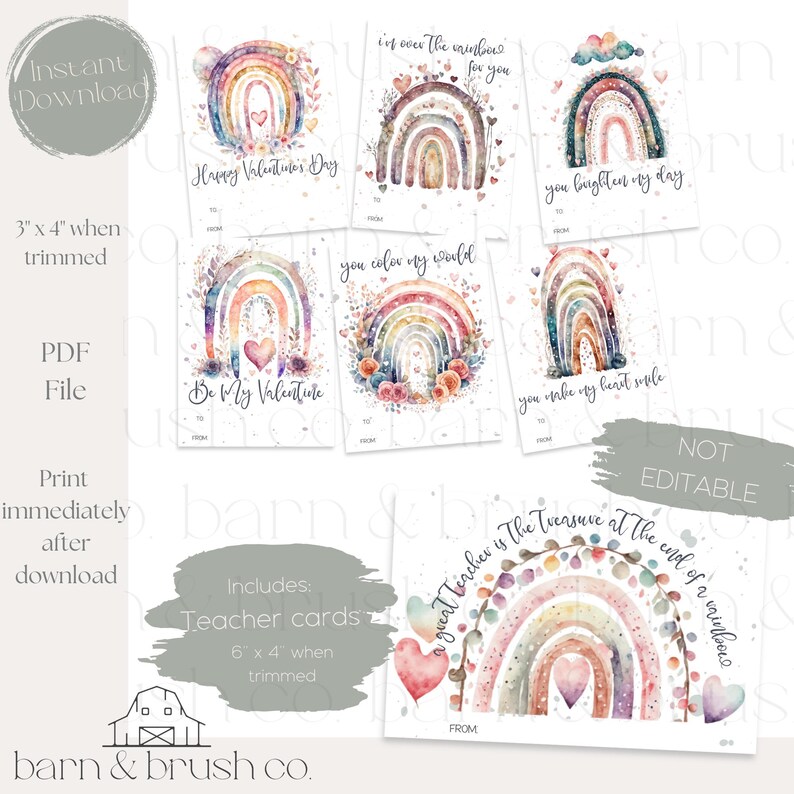 Colorful Boho Rainbow Valentine's Day Printable Cards-instant Download ...
