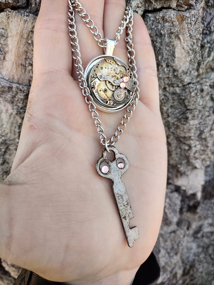 Double Stranded Vintage Clock Face and Key Choker With Uranium Glass ...