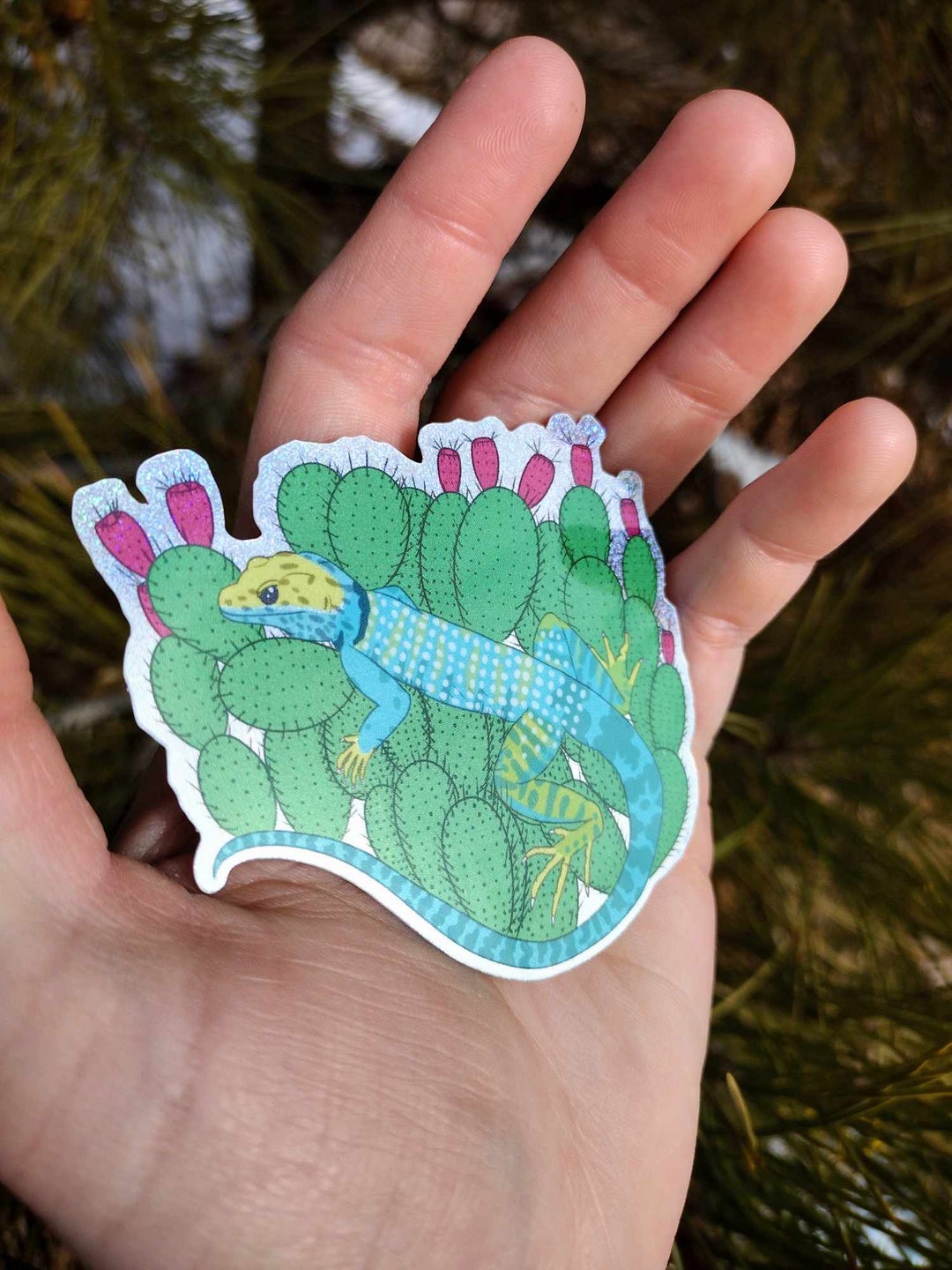 Medium Glitter Collared Lizard and Prickly Pear Sticker - Etsy