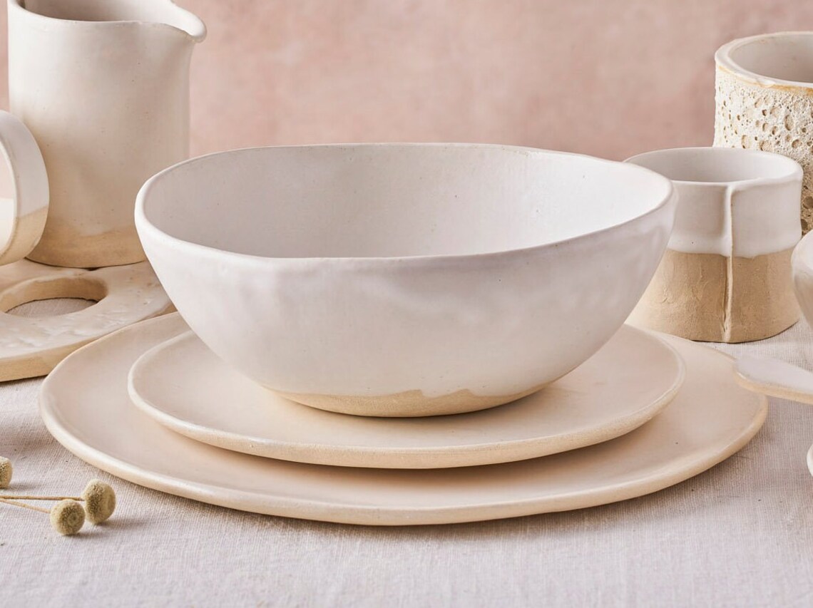 White Ceramic Dinnerware Set for 24 68.organic Stoneware - Etsy
