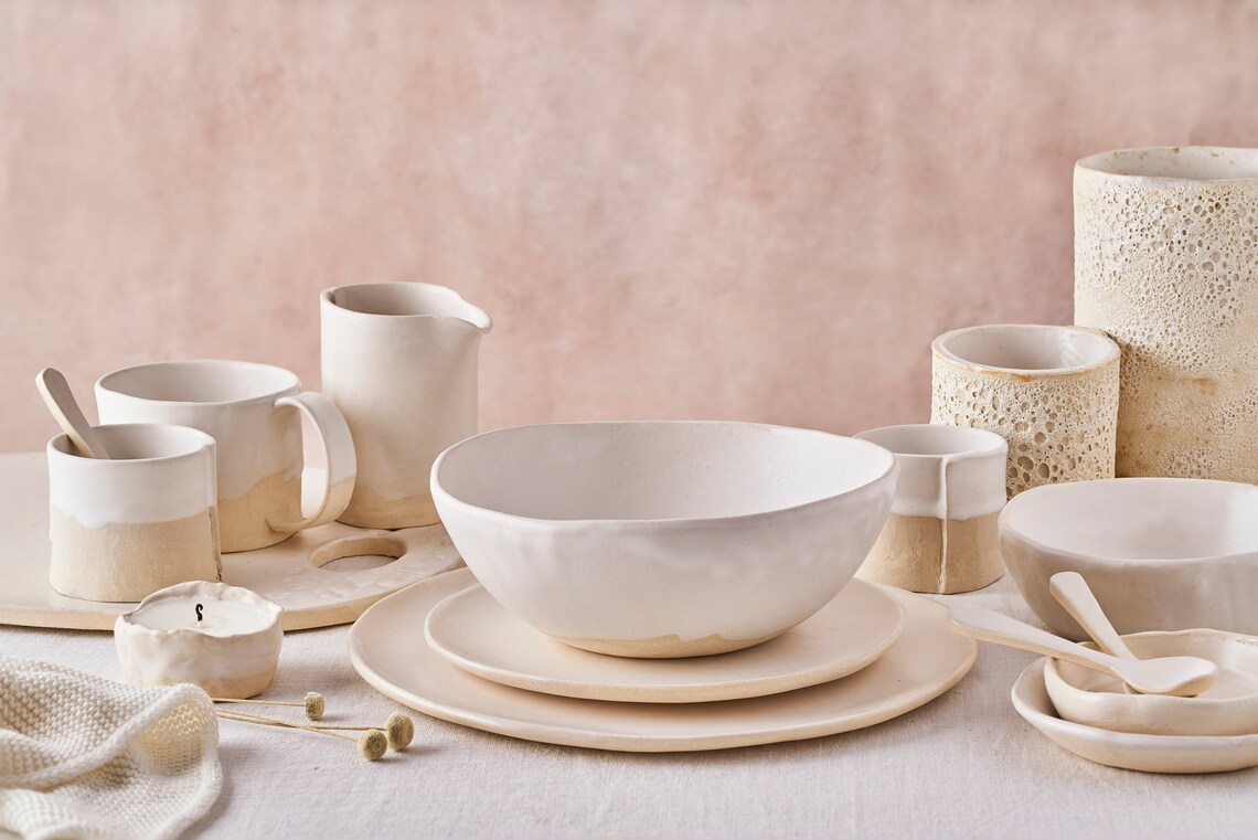 White Ceramic Dinnerware Set for 24 68.organic Stoneware - Etsy