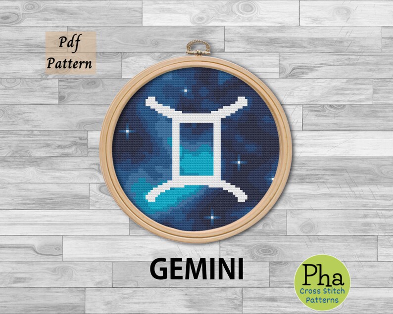 Gemini Cross Stitch Pattern, the Twins Horoscope Chart, Gemini Symbol, Blue Nebula, Counted ...