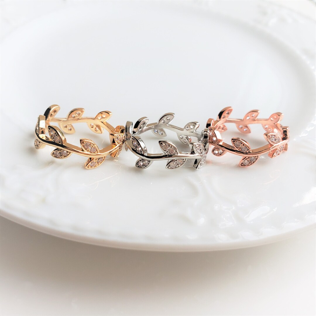 Leaf Band Silver Gold Rose Gold Leaf Ring Cubic Zirconia Olive Leaf ...