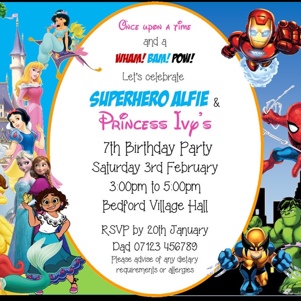 Princess and Superhero Birthday Invitation - Etsy