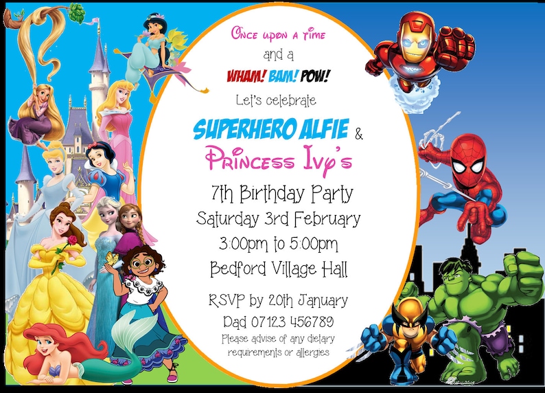 Princess and Superhero Birthday Invitation / Party Invites / Girls ...