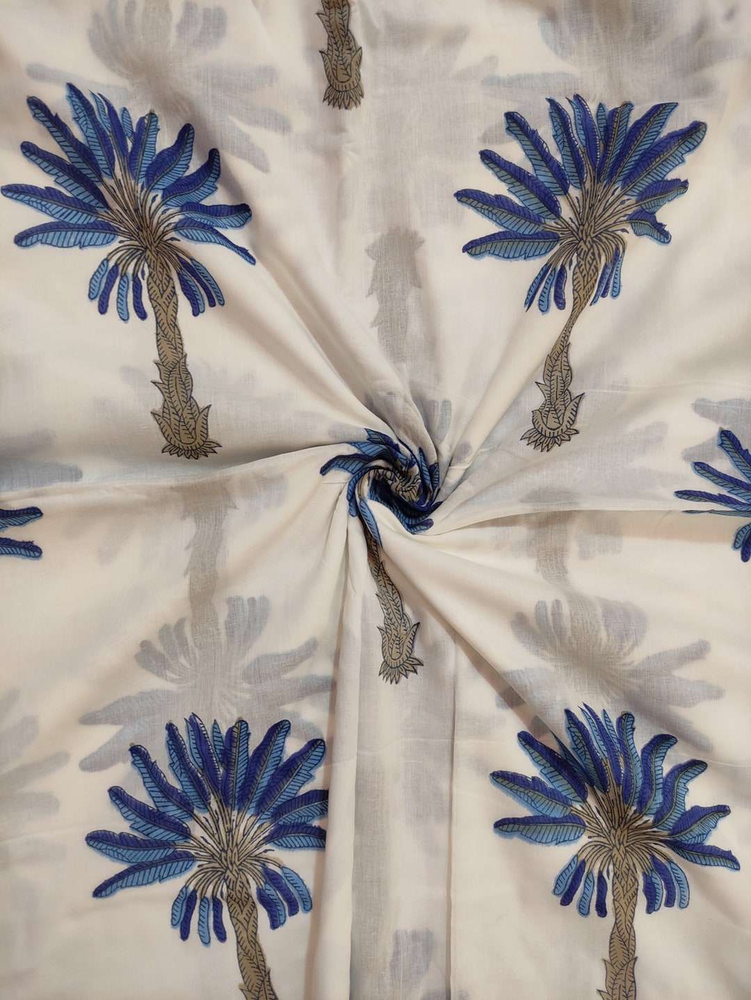 Blue Palm Block Print Fabric 100% Cotton Indian Fabric, Hand Printed ...