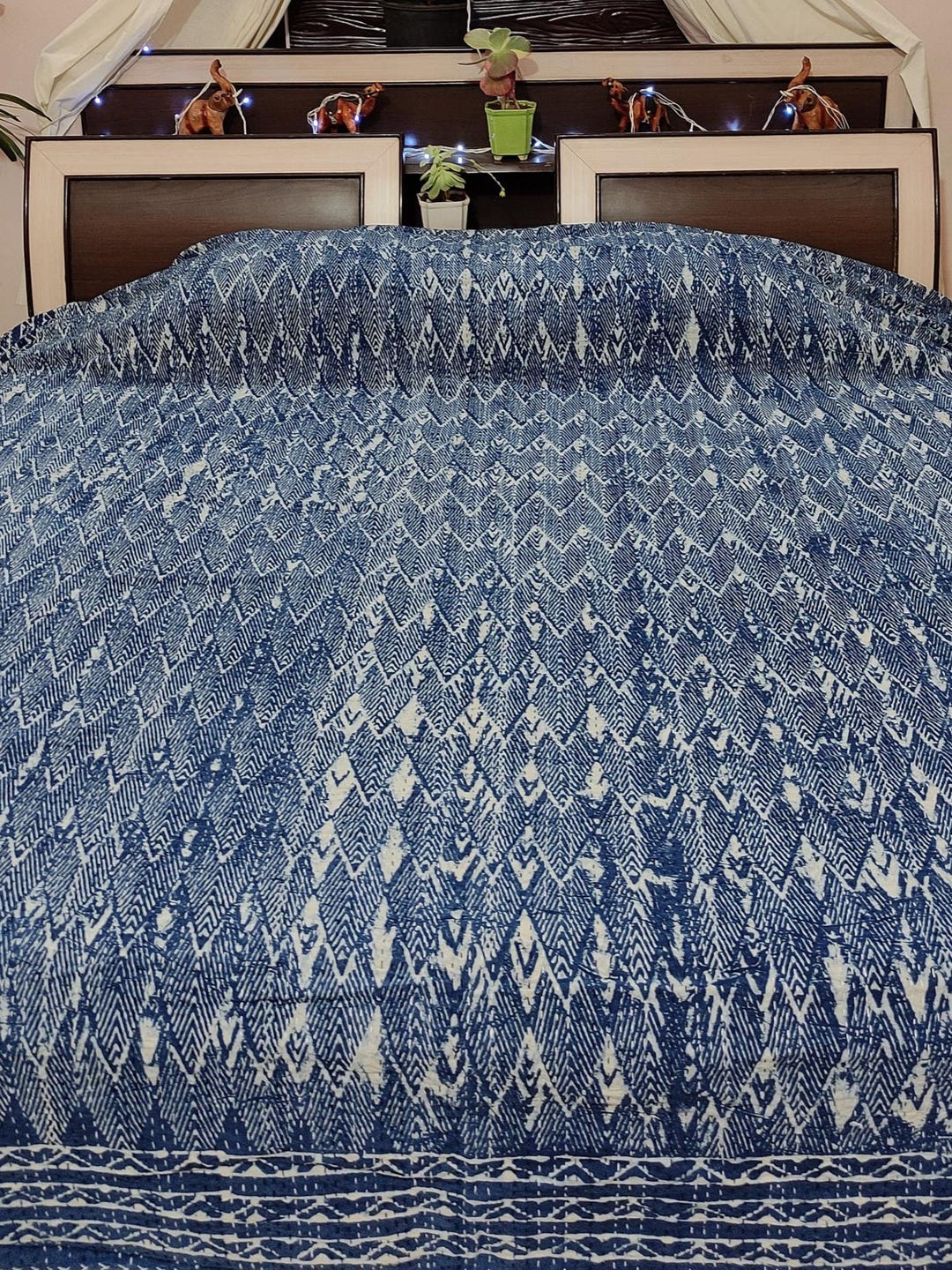 Indigo Blue Kantha Quilt, Diamond Print Bedcover, Hand-stitched Cotton ...
