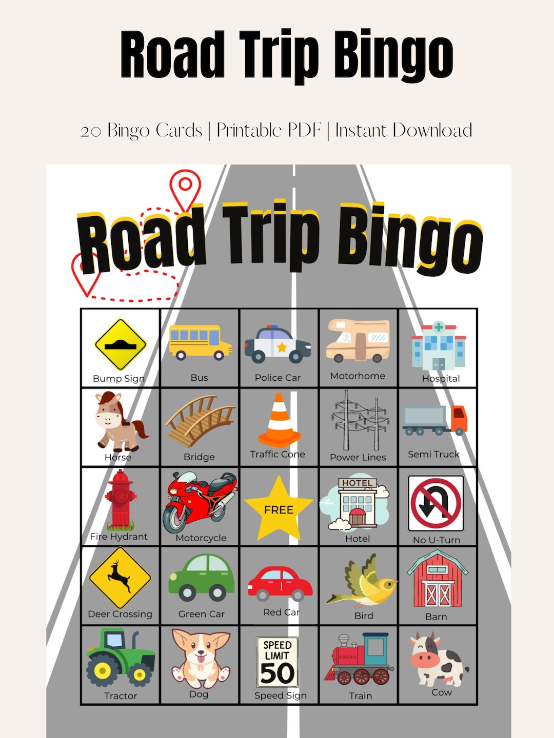 Road Trip Bingo | Road Trip Games for Kids & Families | 20 Unique Cards ...