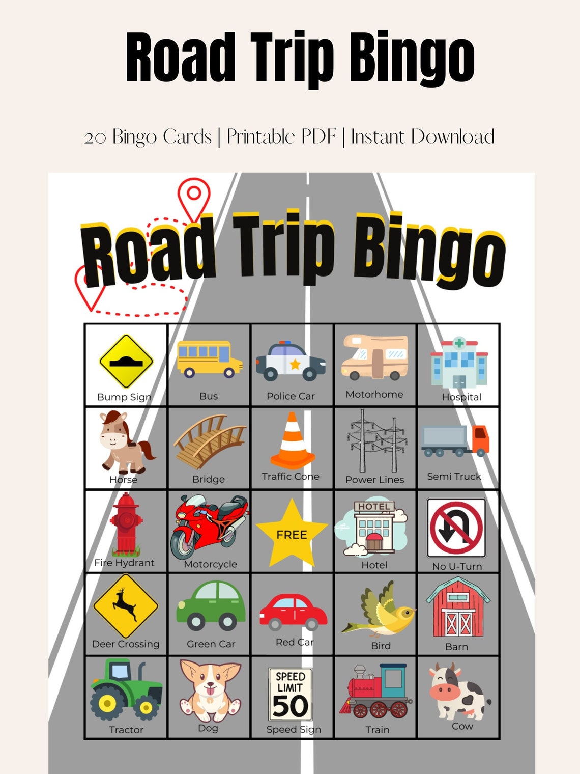 Road Trip Bingo | Road Trip Games for Kids & Families | 20 Unique Cards ...
