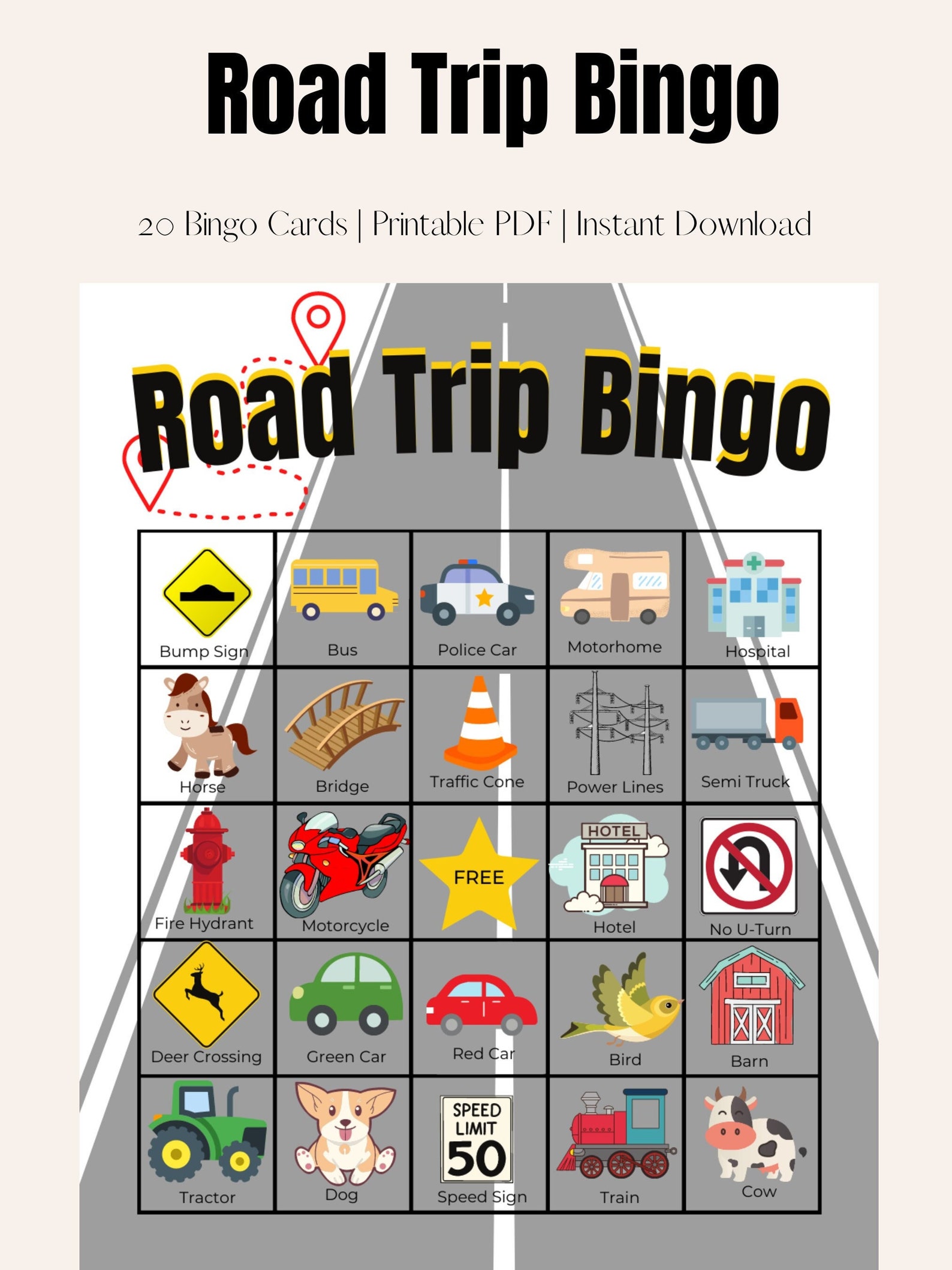 Road Trip Bingo | Road Trip Games for Kids & Families | 20 Unique Cards ...