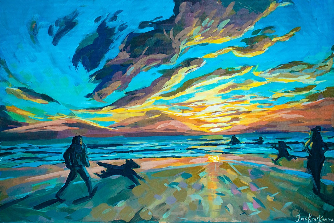 Impressionist Beach Sunset Painting, Beach Sunset Painting With Clouds ...