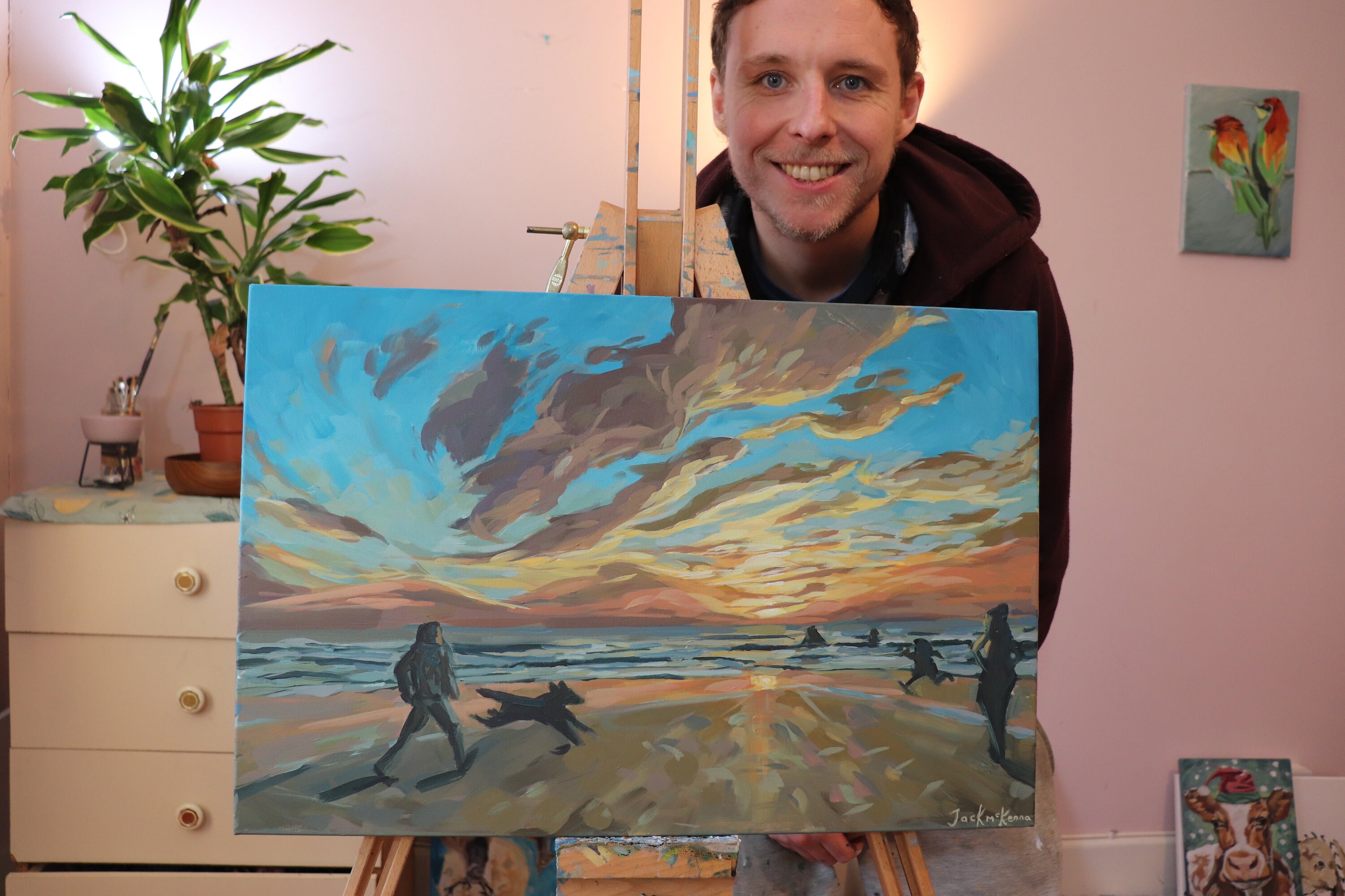 Impressionist Beach Sunset Painting, Beach Sunset Painting With Clouds ...