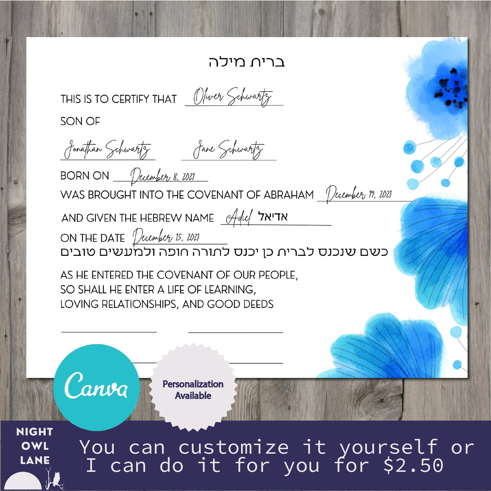 Personalized Bris Certificate Canva Template for Jewish Baby - Etsy