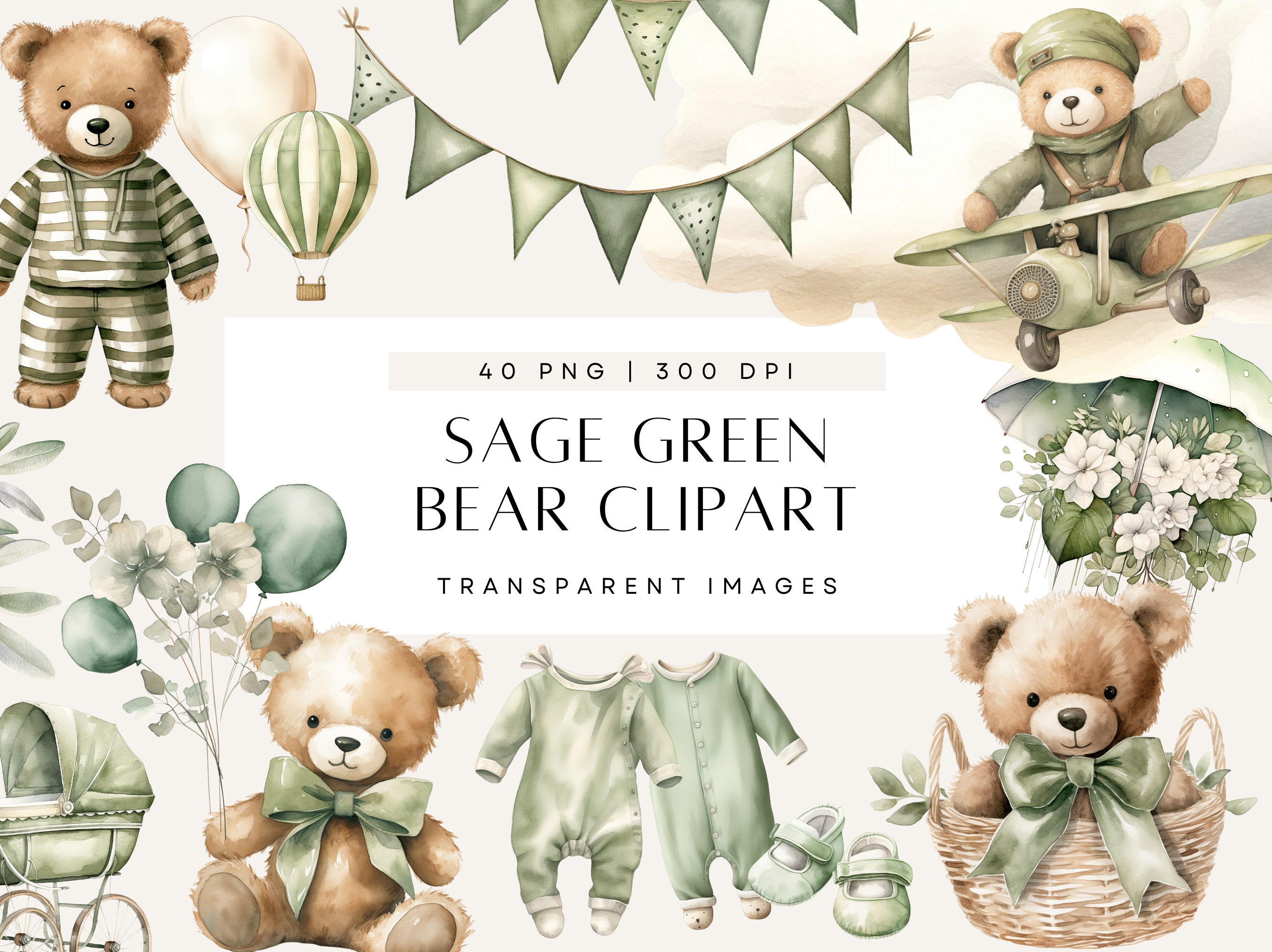 Sage Green Baby Shower Clipart, Gender Neutral Teddy Bear, Bear With Balloons, Watercolor ...