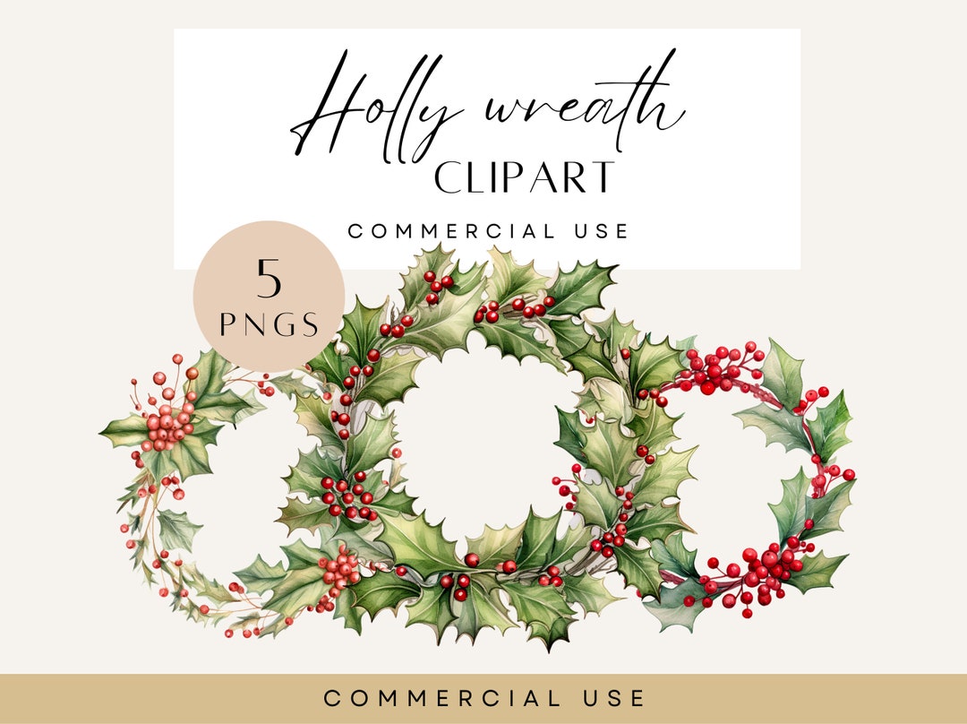 Holly Wreath Clipart, Boho Christmas Wreaths Clip Art, Watercolor Hygee ...