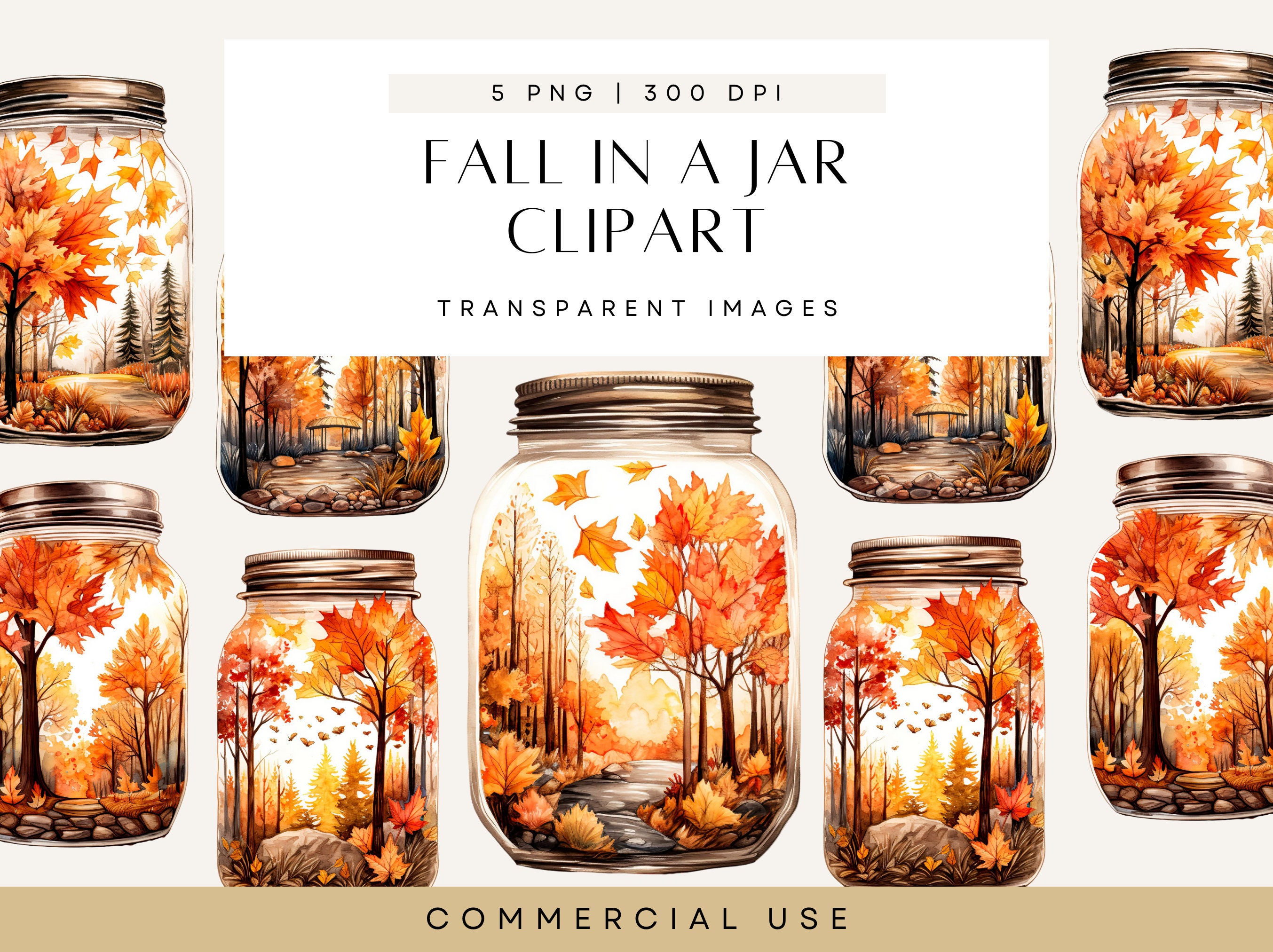 Watercolor Fall Mason Jar Clipart, Fall in a Jar, Autumn Landscape ...