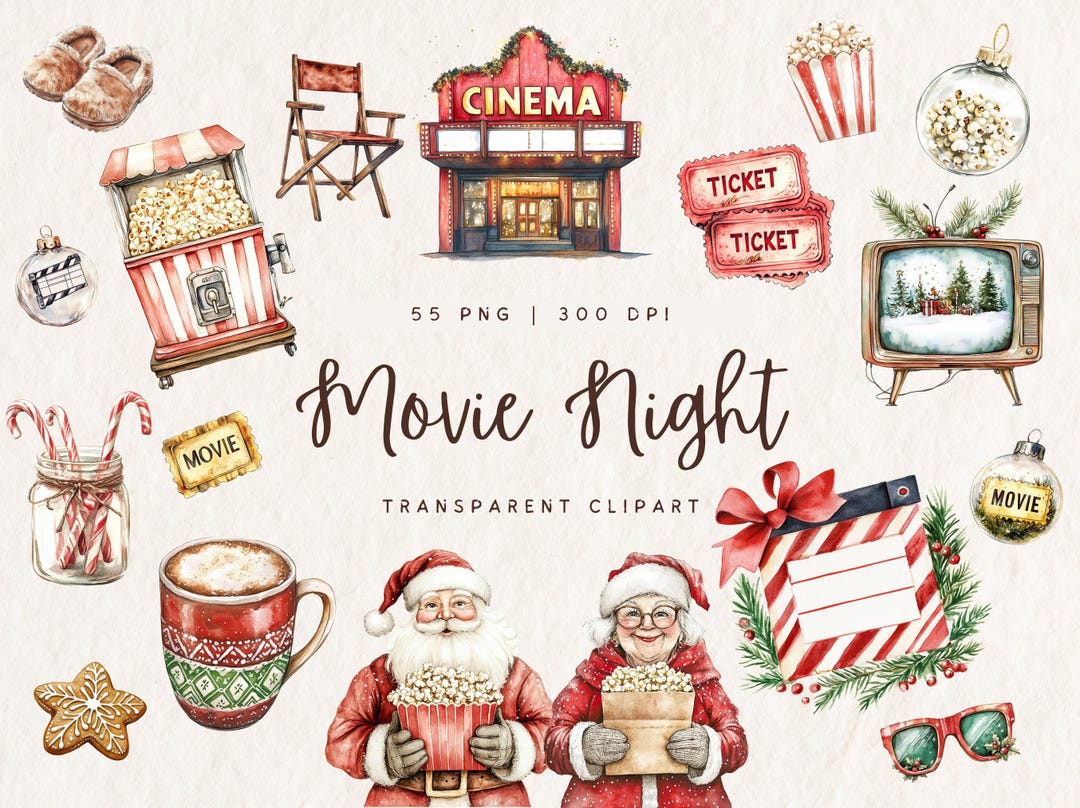 Christmas Movie Night Clipart, Cozy Home Cinema Interior, Cute ...