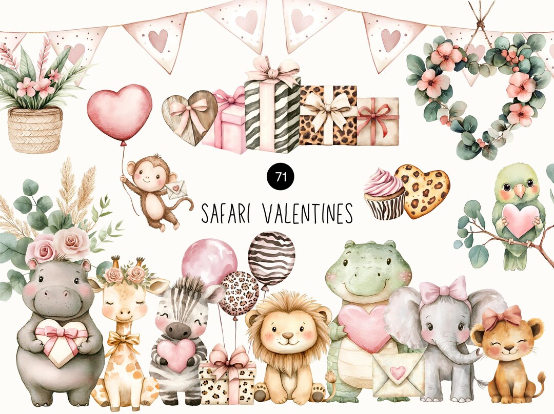 Valentine’s Safari Animals Clipart - Cute Jungle Animal Clip Art, Wild ...