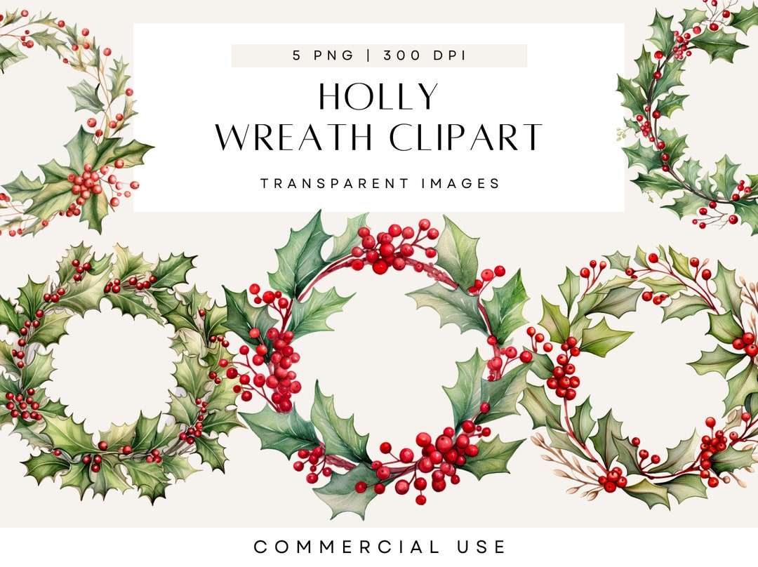 Holly Wreath Clipart, Boho Christmas Wreaths Clip Art, Watercolor Hygee ...