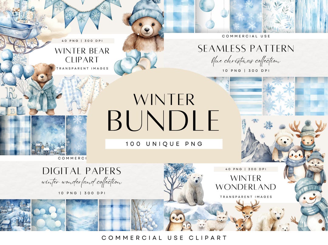 Winter Wonderland Clipart, Blue Watercolor Bear BUNDLE, Christmas Teddy ...