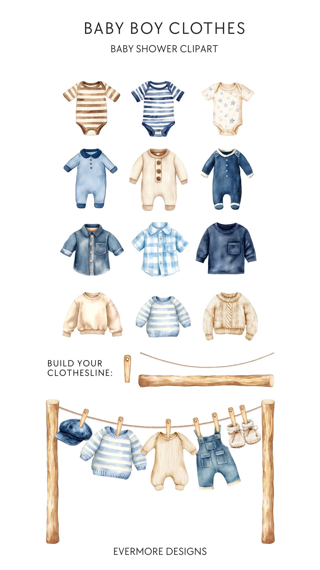 Baby Boy Clothesline Clipart - Blue Clothes Baby Shower, Cute Children ...