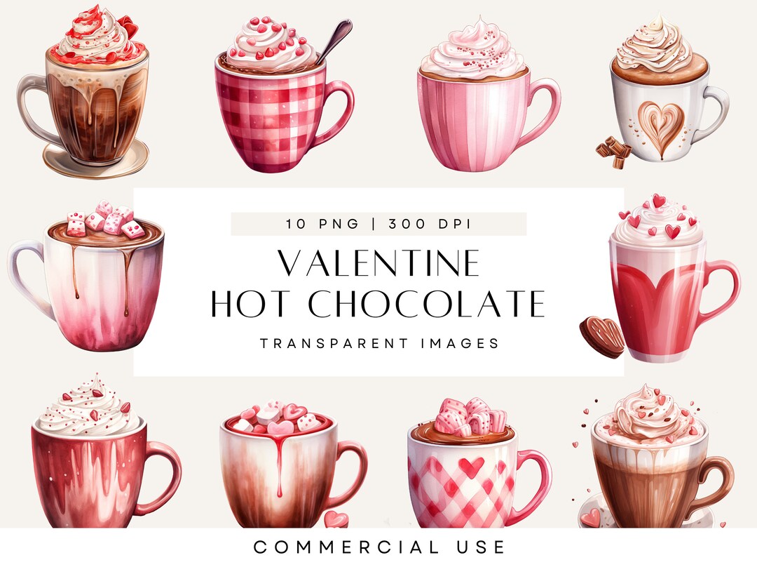 Hot Chocolate Clipart, Valentine's Day, Hot Cocoa, Pink Watercolor Mug ...