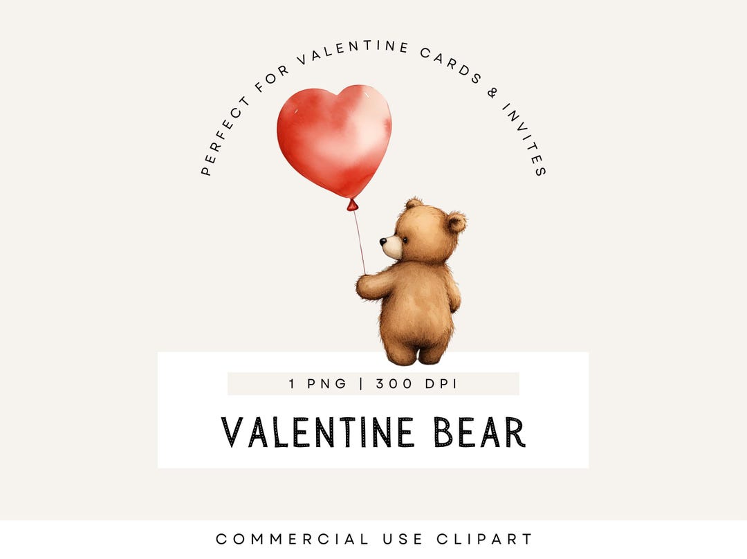 Valentine Bear Clipart, Cute Teddy Holding Balloon, Red Heart Baby ...