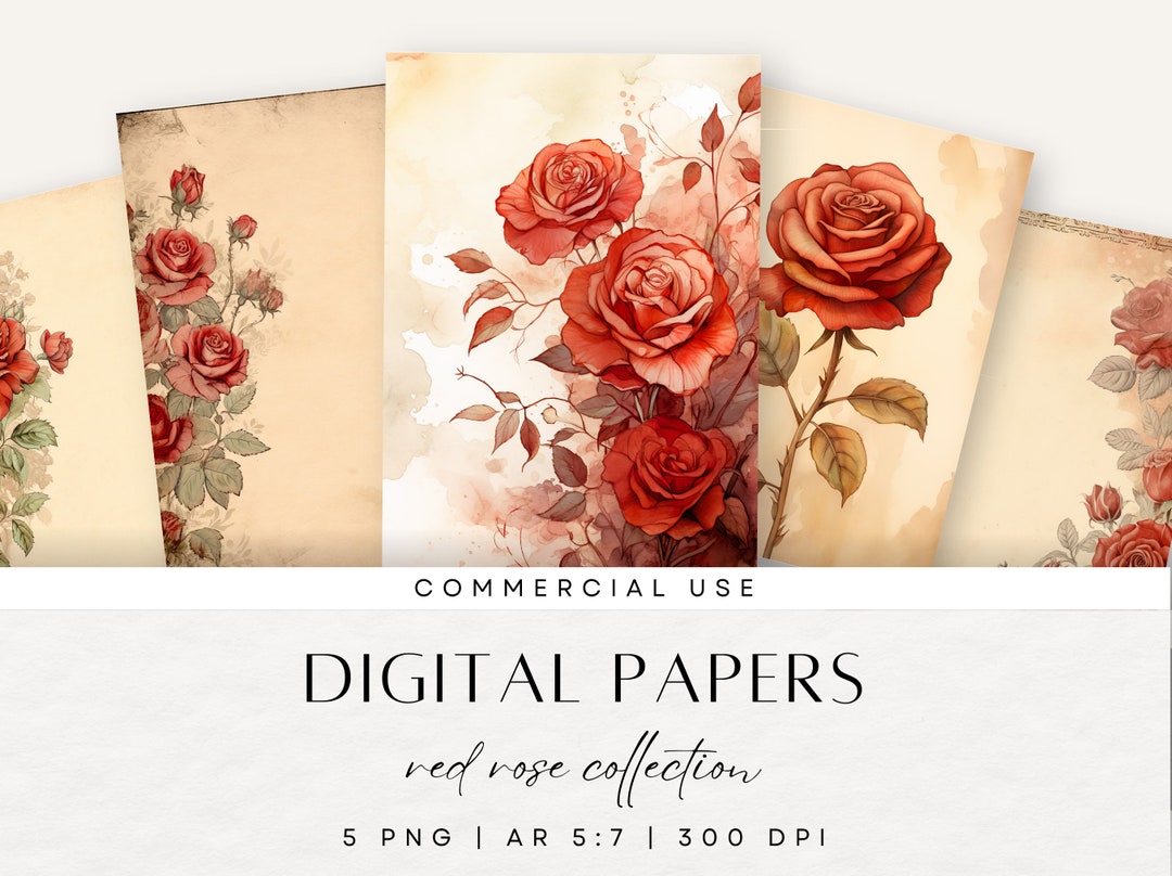 Red Rose Digital Paper, Watercolor Roses, Snowy Street, Digital Paper ...