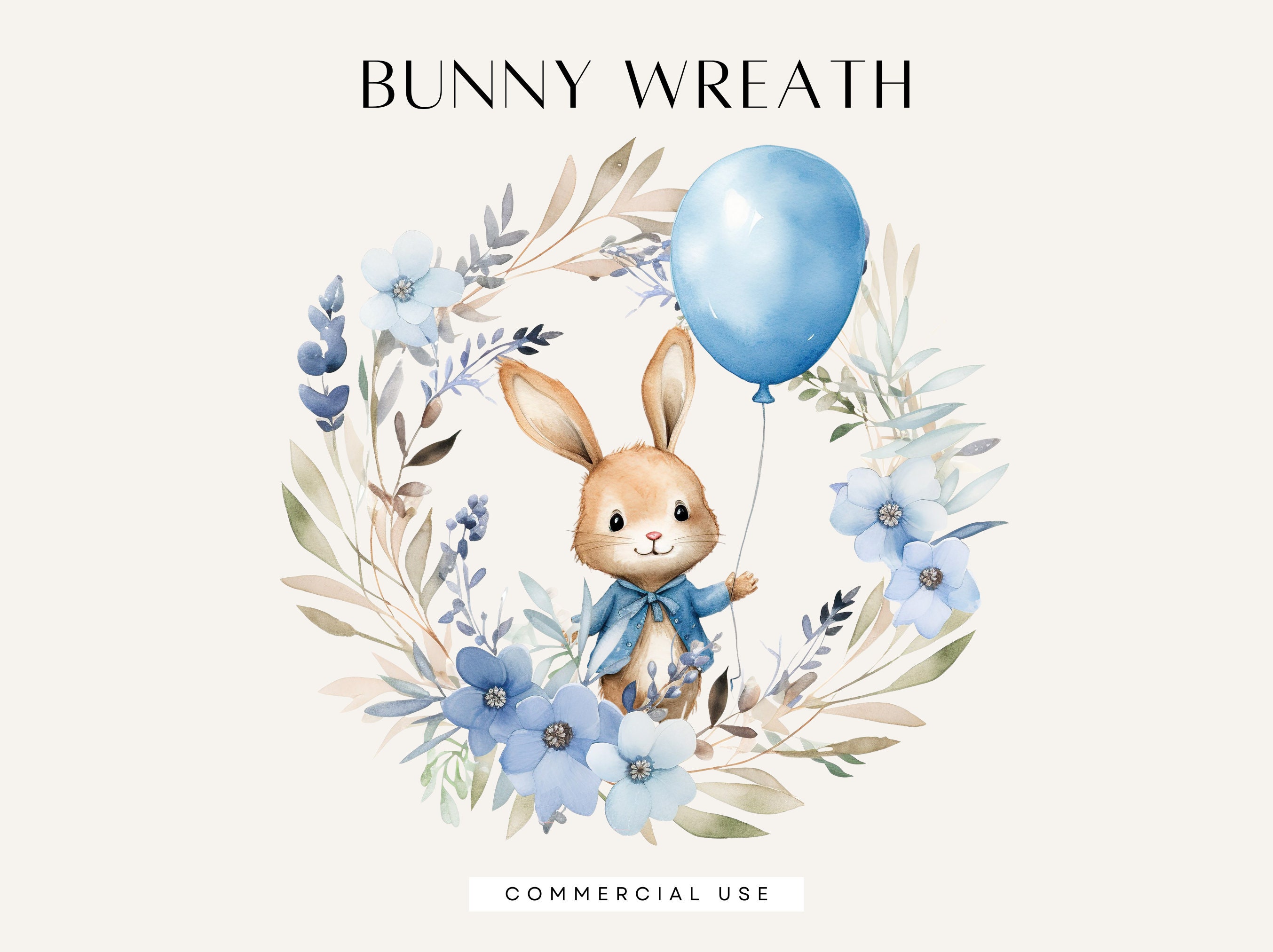 Easter Baby Shower Clipart, Watercolor Floral Wreath, Blue Easter Bunny ...